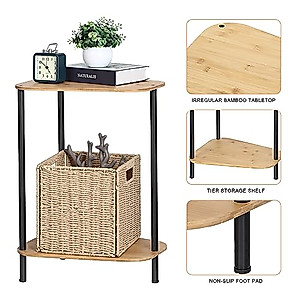 Small Side Table Set of 2, 2 Tier Bamboo End Table Corner Table Wedge Snack Table with Rounded Corner for Small Space, Living Room, Natural Bamboo