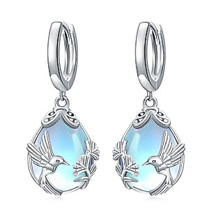 Moonstone Hummingbird Earrings Teardrop Dangle Huggies Earrings 925 Sterling Silver Hoop Earrings Jewelry for Women