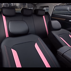 CAR PASS Black Pink Leather Car Seat Covers Full Set, Waterproof Durable Faux Leather Seat Covers 5 Seats Cushion Protector, Rear with Zipper, Airbag Fit for Women SUV Pick UpTruck Sedan Vehicle Auto