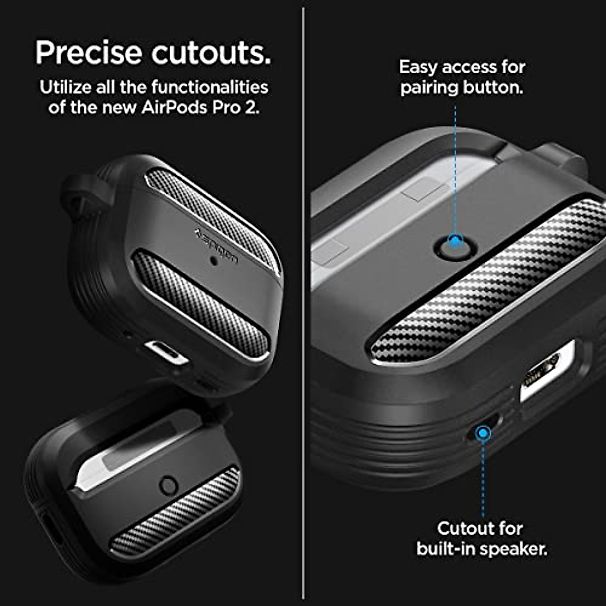 Spigen Rugged Armor Case and Lanyard with Carabiner Designed for AirPods Pro 2nd Generation Case (2022) - Black