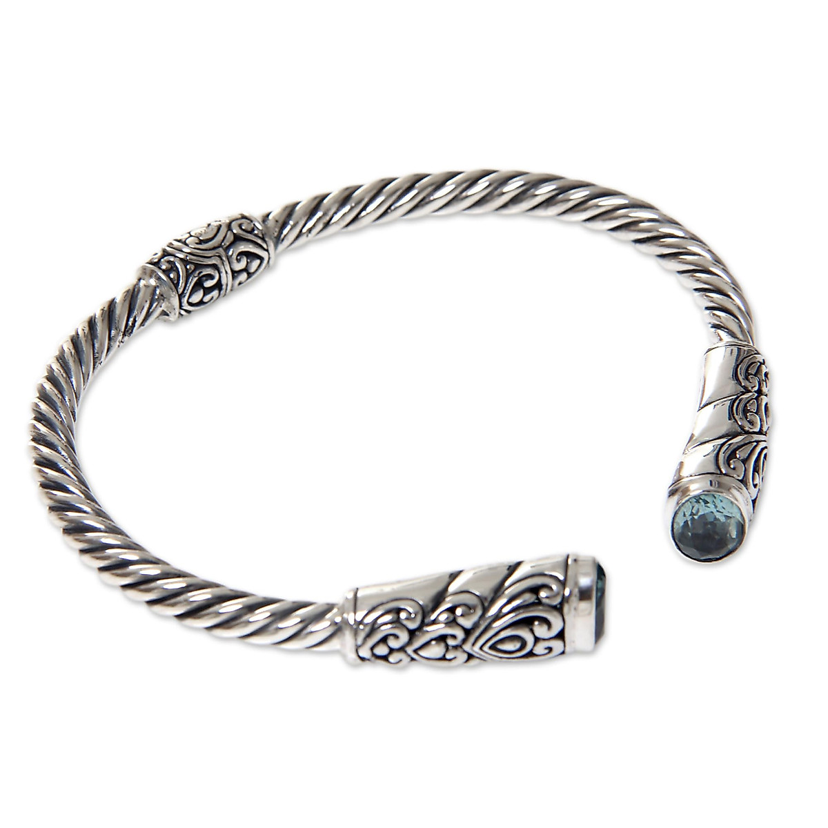 NOVICA Artisan Handmade Blue Topaz Cuff Bracelet on Sterling Silver Hinged from Bali Indonesia Serenity Birthstone [6.25 in L (end to End) x 0.4 in W] ' Beacon of Light'