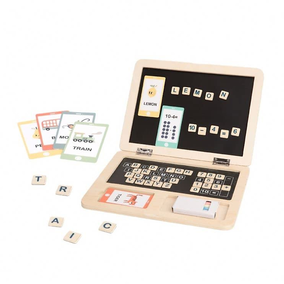 Tooky Toy Children's Wooden Laptop TH819, Magnetic Letters, Chalk, Colour: Beige