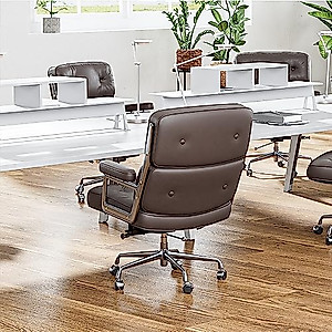 Rimdoc Padded Mid Back Office Chair with Armrest Big Desk Chair 350 Pounds Capacity, High Adjustable, Tilt and Forth, Heavy Duty Aluminum Alloy Frame, Lumbar Support, Genuine Leather, Brown