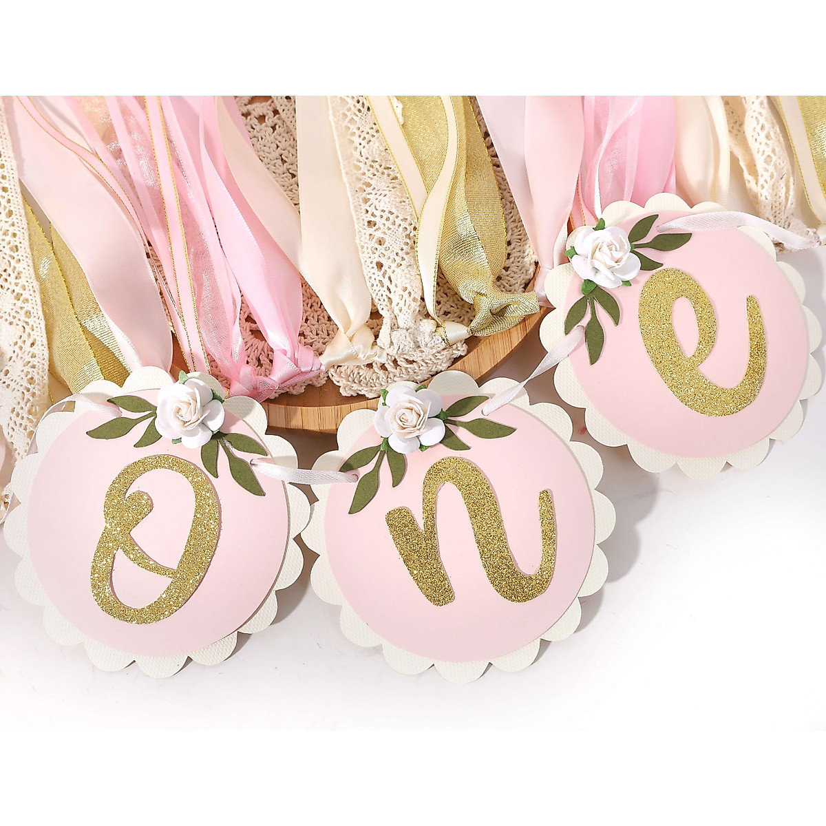 Pink Golden Floral High Chair Banner - Rose 1st Birthday Highchair Banner, Girls’ 1st Birthday Decoration, Pink First Birthday Decor, One High Chair Banner, 1st Birthday Party Decorations for Girls,