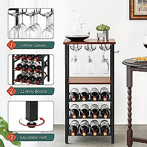 Yoobure Wine Rack Freestanding Floor with Glass Holder Wine Racks for Floor 12 Bottles Wine Bar Rack, Wine Holder Stand with Wood Tabletop 3-Tier Wine Table with Rack for Home Bar Kitchen Living Room