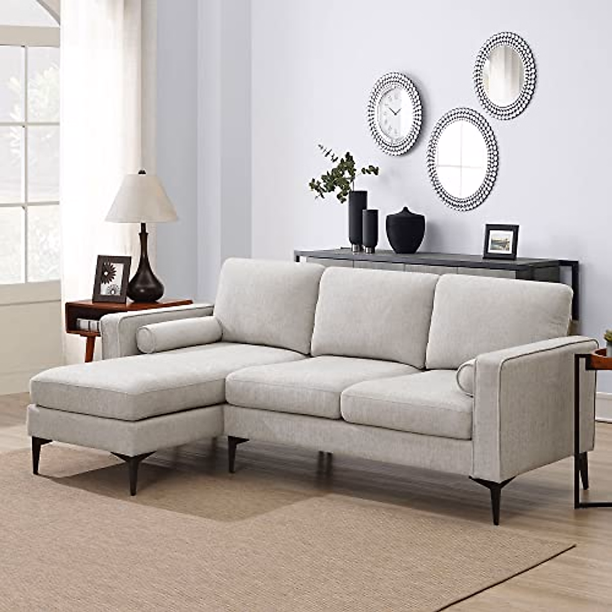 KoiHome 86" Convertible Sectional 2 Pillows, Modern Chenille L-Shaped Couch with Reversible Chaise Lounge, 3-Seater Sofa, Fit for Living Room,Office,Apartment, Polyester, Beige