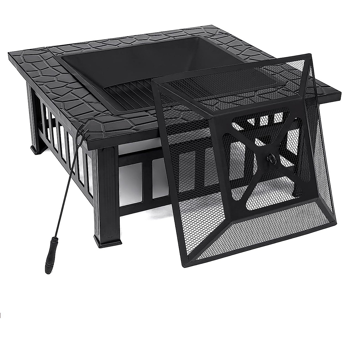 Anraja Fire Pit 32'' Wood Burning Firepit Metal Square Outdoor Fire Tables Steel BBQ Grill Fire Pit Bowl with Spark Screen Cover, Poker Log Grate for Patio Bonfire Camping Backyard Garden Picnic