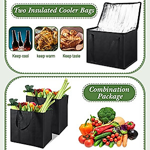 7 Pack Reusable Grocery Bags Foldable Shopping Bag and Zippered Insulated Food Delivery Bag Insulated Cooler Bag with Handles Set for Shopping Accessories, Black