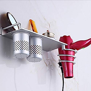 Cavoli Hair Blow Dryer Holder Wall Mounted,Space Aluminum, Nail Free Glue/ Drilling Screw, Bathroom Hanging Rack Organizer with 2 Cups