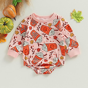 Halloween Newborn Baby Girl Outfit Pumpkin Sweatshirt Romper Long Sleeve Onesie Jumpsuit Infant Fall Winter Clothes (Milk Tea, 0-3 Months)