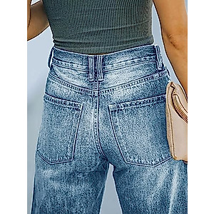 PLNOTME Women's High Waisted Boyfriend Jeans Baggy Wide Leg Ripped Casual Distressed Denim Pants Blue