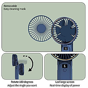 TUNISE Portable Handheld Fan, Neck Fan, 4000mAh Desk Fan, 180° Adjustable, 6 Speed Wind, Display Electricity in Real Time, USB Rechargeable Foldable Fan, Quiet Personal Fan with Power Bank Blue