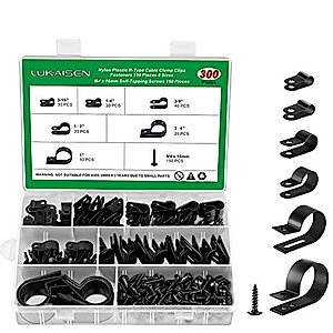 Cable Clips for Cable Management Cord Organizer, 6 Sizes 300 PCS Nylon R-Type, 3/16'' 1/4'' 3/8'' 1/2'' 3/4'' 1'' Black Plastic Screw Mounting Cord Fastener Clamp Assortment Kit with M4 Screws