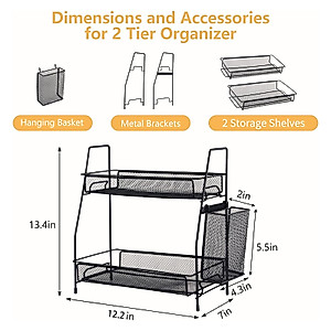 Bathroom Organizer with Basket, 2-Tier Bathroom Countertop Storage Shelf, Bathroom Counter Organizer, Skincare Organizer and Storage Kitchen Counter Organizers Spice Rack(Black)
