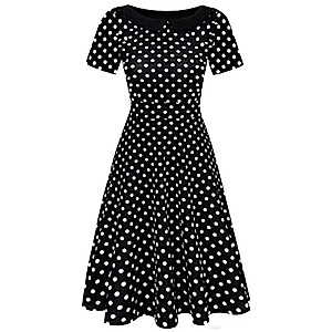 Work Dresses for Women Vintage Polka Dot Pockets Knee-Length Fit and Flare Summer A-Line Casual Peter Pan Collar Dresses 978 (Black Dot, L)