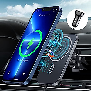 Magnetic Wireless Car Charger, 360°Adjustable Magnetic Air Vent Mount Compatible with MagSafe Car Charger, Compatible with iPhone 14/13/12 Pro Max Plus Mini(Caseless), Mag Safe Case(with Car Adapter)
