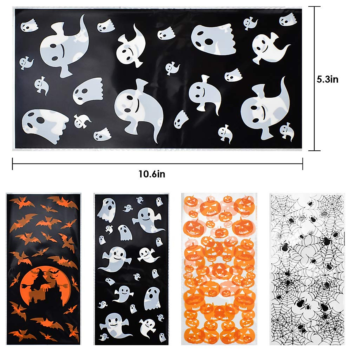 ERKOON 200pcs Halloween Candy Bags Pumpkin Spider Web Bat Ghost Print Candy Bags Halloween Treat Candy Twist Ties Gift Bags Kids Candy Bags for Halloween Party