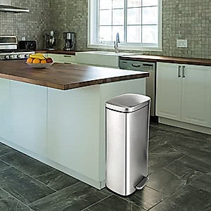 Arlopu 8 Gallon Step Trash Can, Stainless Steel Garbage Bin, Soft-Close Rubbish Bin with Removable Plastic Inner Bucket, Fingerprint-Proof, Lid Dustbin, Suit for Kitchen Home Office (30L,Silver)