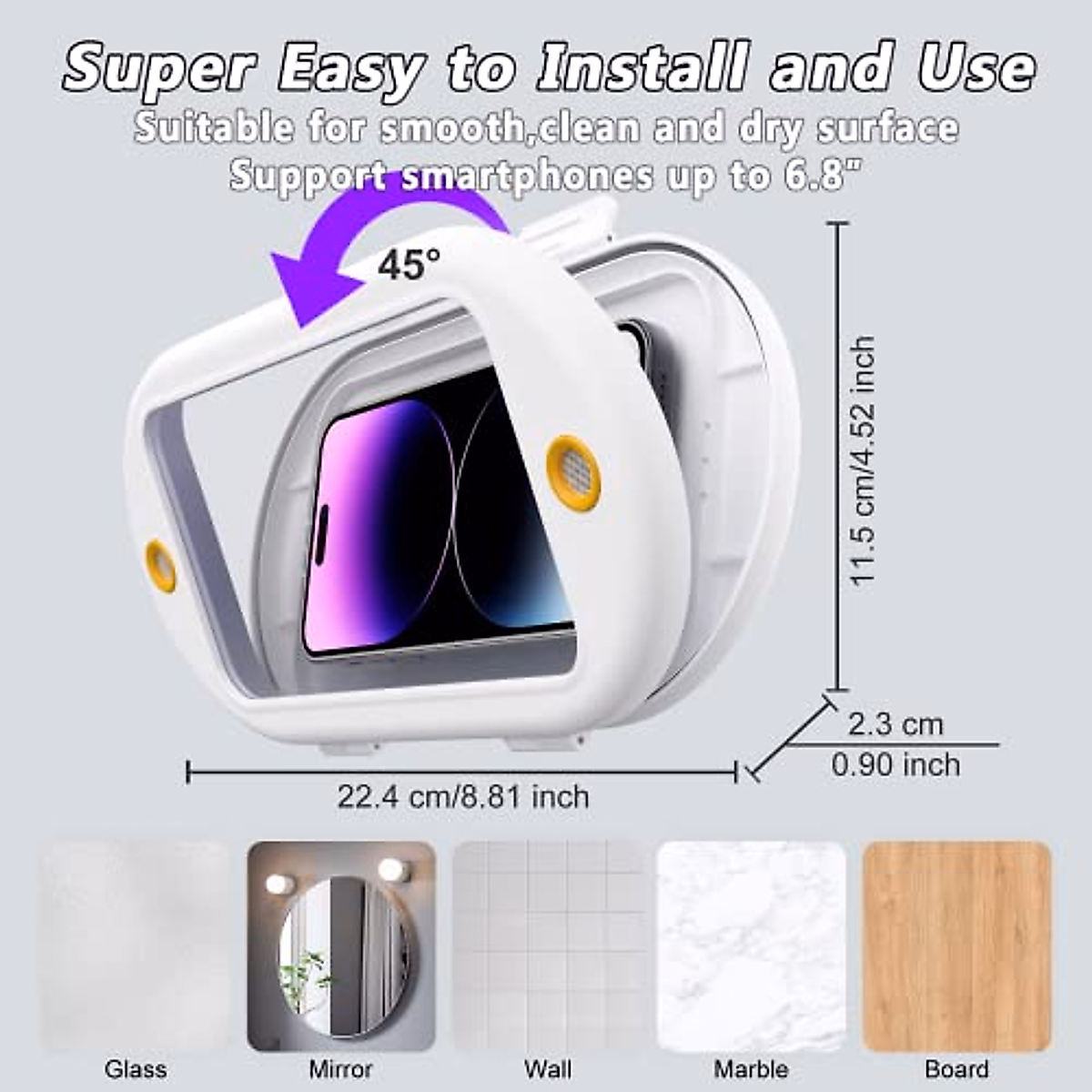 URROY Shower Phone Holder Waterproof, Shower Cell Phone Case for Bathroom Kitchen Wall, 720 Rotating Phone Mount Shelf with Sound Holes, Compatible with 4"- 6.8" Cell Phones