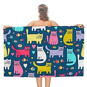 Colorful Cats Fish Microfiber Absorbent Lightweight Beach Towels Fast Dry Oversized Sand Free Beach Blanket 31x51in for Swimming Camping Travel Gym and Yoga