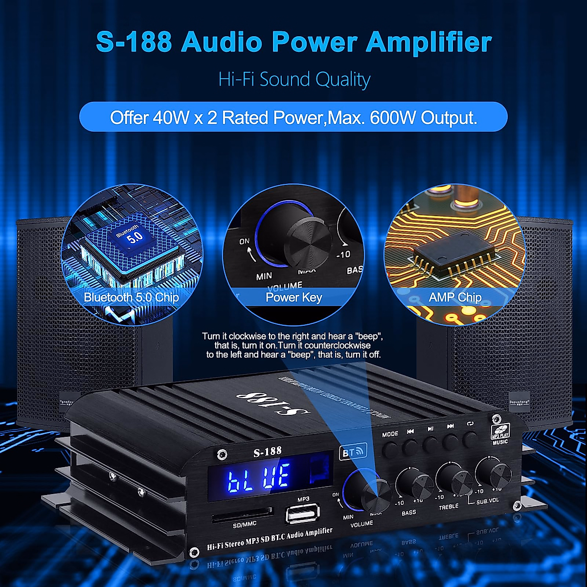 Bluetooth Audio Power Amplifier S188 2.1CH 40Wx2+50W Output Hi-Fi Subwoofer Amplifier Integrated Mini Stereo Amp Receiver W/USB,AUX,Remote Control for Home Car Speakers