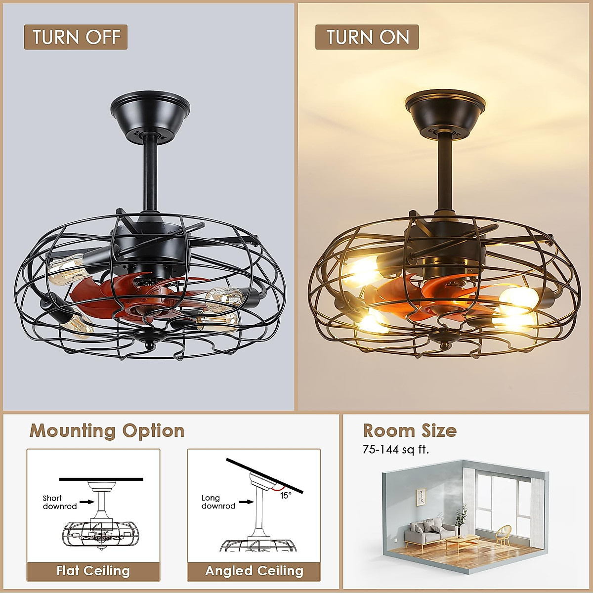 Asyko Caged Ceiling Fans with Lights - Black Outdoor Ceiling Fan with Remote and Reversible Fan Blades, Bladeless Low Profile Fan Light Fixtures for Indoor, Patios, Farmhouse(E26 Bulbs Not Included)