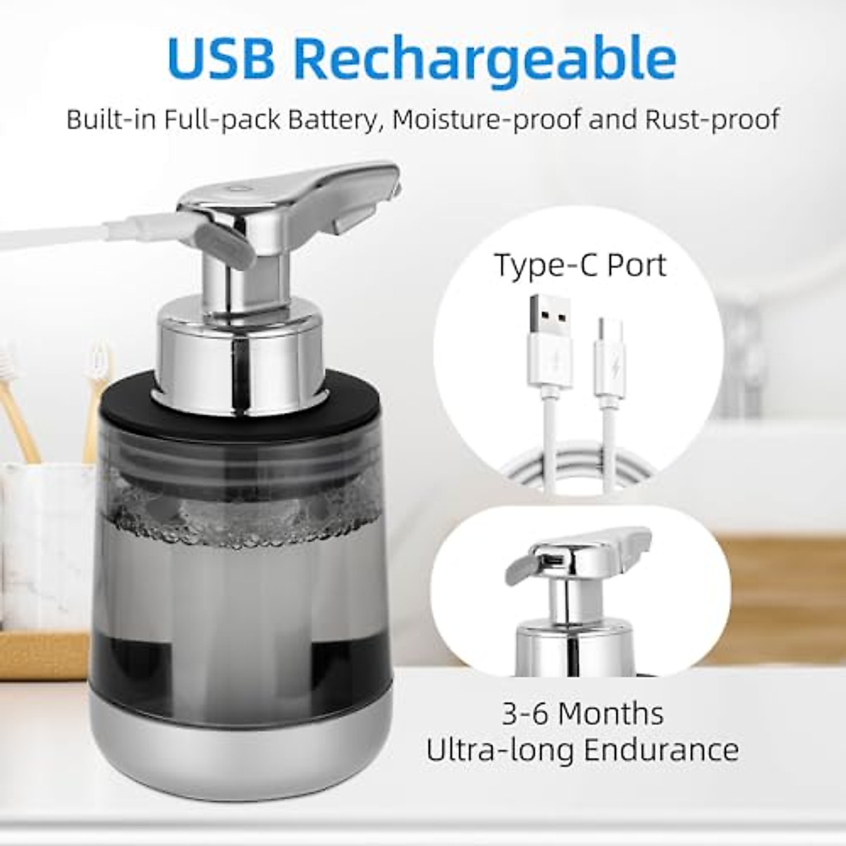 Automatic Soap Dispenser Touchless: 10oz Liquid Soap Dispenser, Hand Free Soap Dispenser Rechargeable Soap Dispenser, for Bathroom, Kitchen, Hotel…