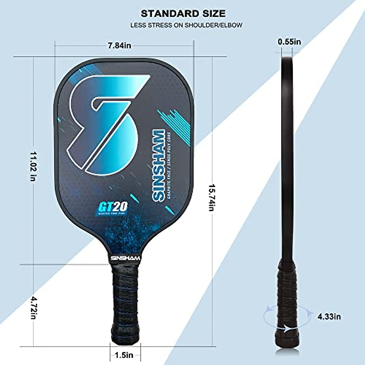 SINSHAM Pickleball Paddles,Pickleball Paddles Set of 2,Graphite Surface,Polypropylene Honeycomb Core,Cushion Grip,Lightweight Pickleball,1 Portable Drawstring Bag,2 Balls,2 Replacement Soft Grips