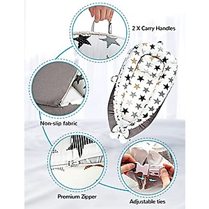 GIEFRNE Baby Lounger Baby Nest Cover Baby Registry Search Co-Sleeping Portable Bed Cover for Baby 0-12M, Soft Breathable Cotton for Newborn Bassinet Mattress Adjustable Size (Star)