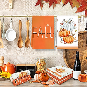 Korlon Tec 4 Pack Fall Kitchen Towels, Hello Pumpkin Fall Dish Towels, 18x26 Inch Farmhouse Fall Hand Towels for Kitchen Home Harvest Autumn Thanksgiving Decorations