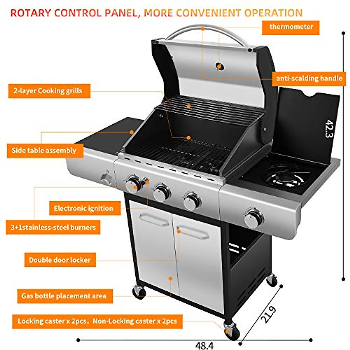 Antarctic Star Propane Gas Grill,3 Burner Cart Style Liquid BBQ Grill with Side Burner & 4 Wheels,42000 BTU Stainless Steel Enamelled Cooking Grills,For outdoor,Patio,Garden White (3 Burner)