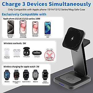 3 in 1 Magnetic Wireless Charger,Foldable Mag-Safe Wireless Charging Station for Apple Watch Series 9/Ultra 2/8/7/SE/SE2,Apple 15 Pro Max/15/14/13,Air-Pods 3/Pro/2 Mag Safe Charger Stand Dock(Black)