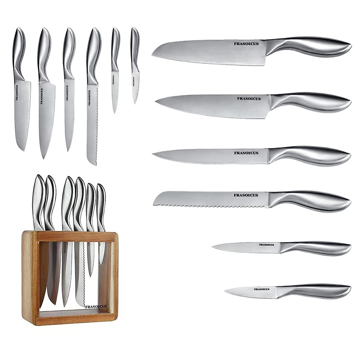 FRASOICUS 7 Pieces Kitchen Knife Set with Wooden Block, German Stainless Steel Ultra Sharp, Professional Chef Knife Set for Kitchen Best Gift