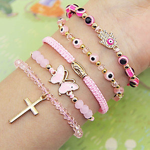 Poranlem Evil Eye Bracelets Pack Mexican Ojo Bracelet Kit Virgin Mary Hamsa sets for Women Teen Girl Crystal Boho Bead Love Butterfly Cross Blue White Pink Purple 19Pcs