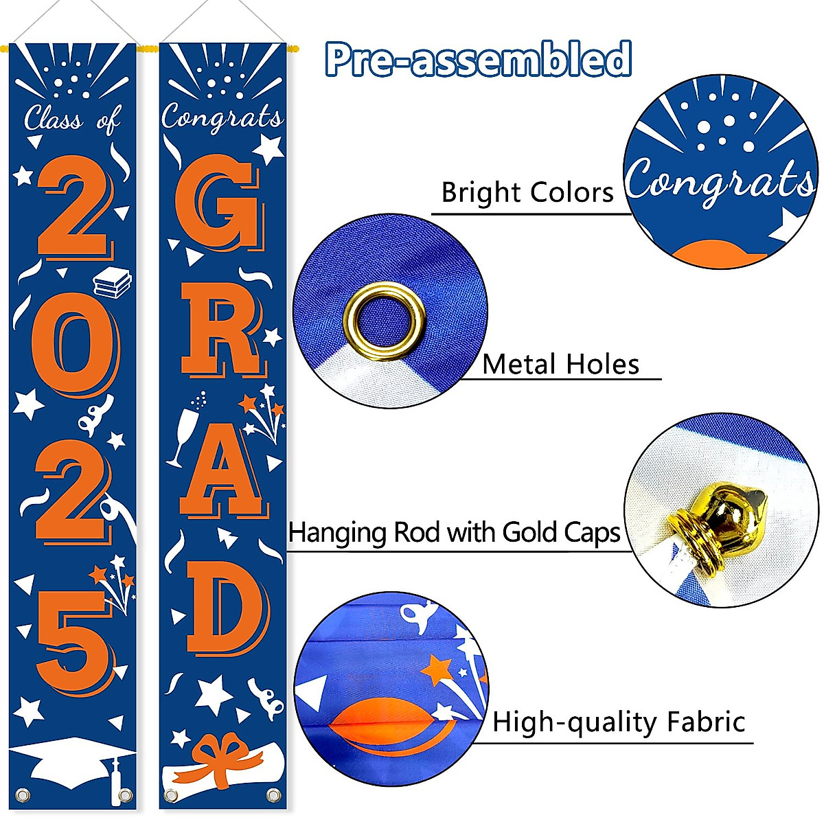 Graduation Porch Banner Class Sign Congrats Grad Hanging Flags High School College University Party Decoration For Front Door Outdoor Blue Orange