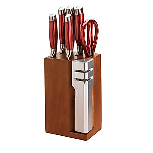 New England Cutlery 7- Piece Knife Block Set with Sharpener - Red