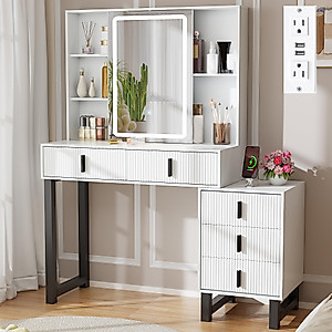 ANWBROAD Makeup Vanity Desk with Mirror and Lights White Vanity with Power Outlet Modern Dressing Table with 3 Lighting Modes Brightness Adjustable Sliding Mirror 5 Drawers Shelves Bedroom UBDT62W