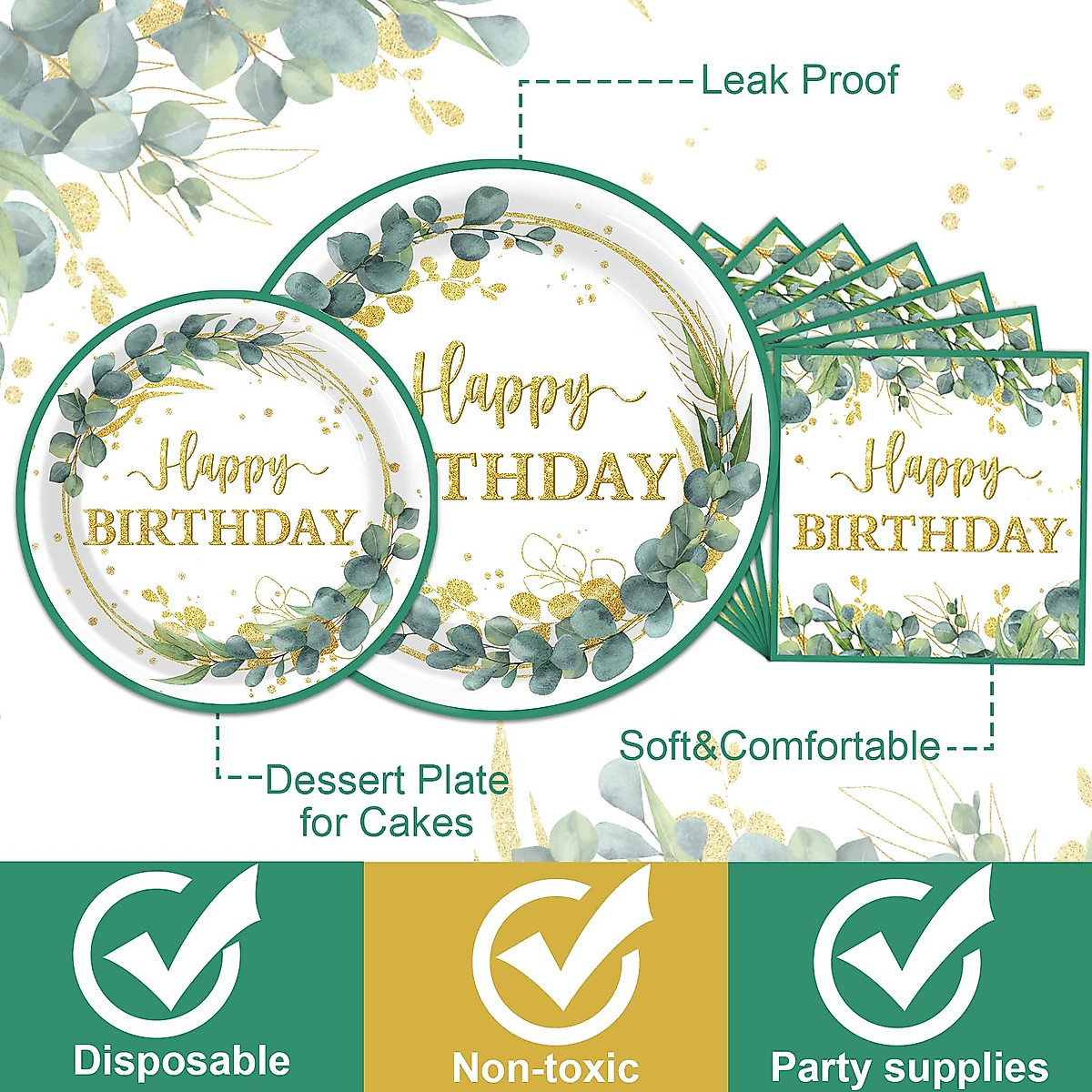 96 Pieces Greenery Eucalyptus Happy Birthday Plates Eucalyptus Birthday Themed Party Decorations Green Leaf Baby Shower Party Dessert Paper Plates Napkins Forks Supplies for 24 Guests Tableware Set