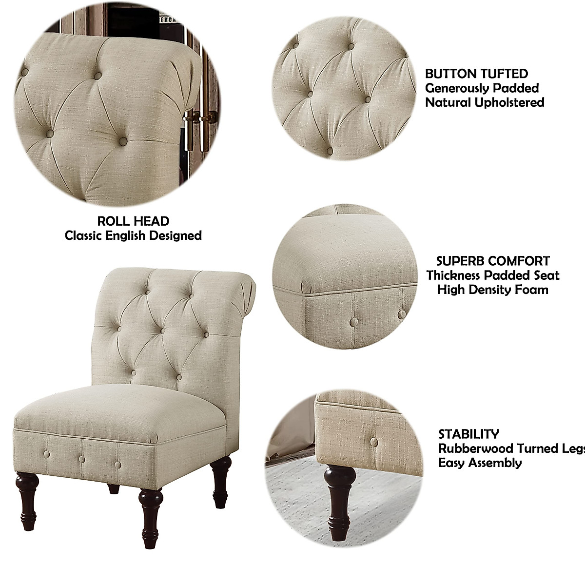 Rosevera Avondale Upholstered Tufted Fine Polyester Loveseat Sofa Bench with Armless Design Easy Assembly for Living Room Bedroom, Beige Chair