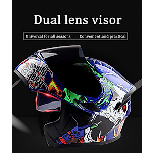 Bluetooth Motorcycle Dual Visor Helmet DOT Approved Flip Up Modular Unisex-Kids Full Face Helmet for Off-Road Motocross ATV Snowmobile Cruiser Bobber Skull Pattern Helmet-I-XX-Large