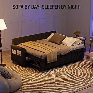 TTGIEET Pull Out Couch with Reversible Storage Chaise, L Shape Sleeper Sofa with 2 USB Port & Cup Holders, 2 in 1 Convertible Sofa Bed with 2 Pillows for Living Room (Dark Grey, Chenille)