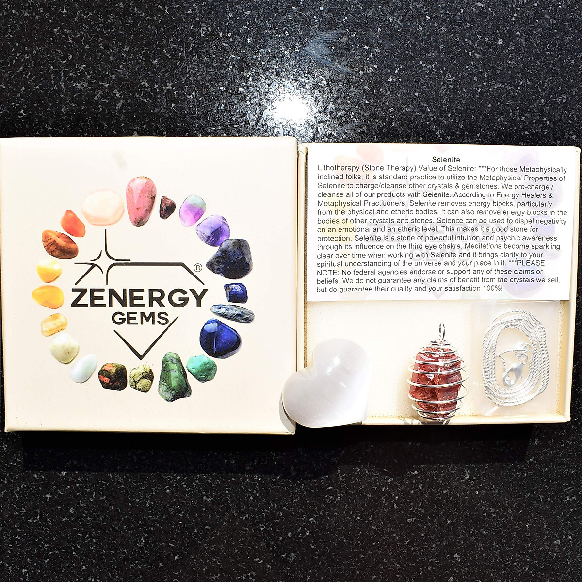 Zenergy Gems Charged Natural Moroccan Vanadinite Specimen Crystal Pendant + 20" Silver Plated Chain + Selenite Charging Heart [Included]