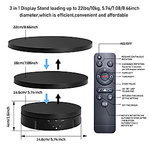 JAYEGT 3 in1 Motorized Rotating Display Stand with 5.74/7.08/8.66 inch Replacement Cover，Max 22lbs Load，360 Electronic Turntable for Photography Products (3 in1 / Black/with Remote Controller)