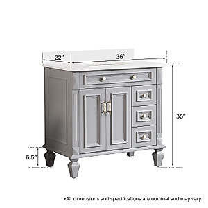 WELLFOR 36" Bathroom Vanity with Sink and 32" Mirror Set, Large Wood Vanity Combo with Doors and Drawers, Freestanding Bath Vanity Cabinet in Titanium Grey with Quartz Countertop and Certified Sink