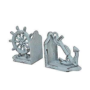 JUCONSIN Anchor Bookends, Antique Blue Nautical Ship Wheel and Anchor Decorative Bookends Set, Heavy Duty Cast Iron, Cute Bookends for Office Home Desk Bookrack Shelves