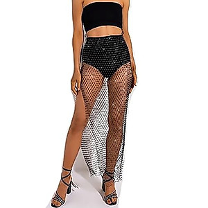 Lorealri Crystal Mesh Skirt Black Rhinestone Fishnet Cover Up Skirt Split See Through Dress Swimsuit Night Club Coachella Outfits Belly Accessories Jewelry for Women and Girls