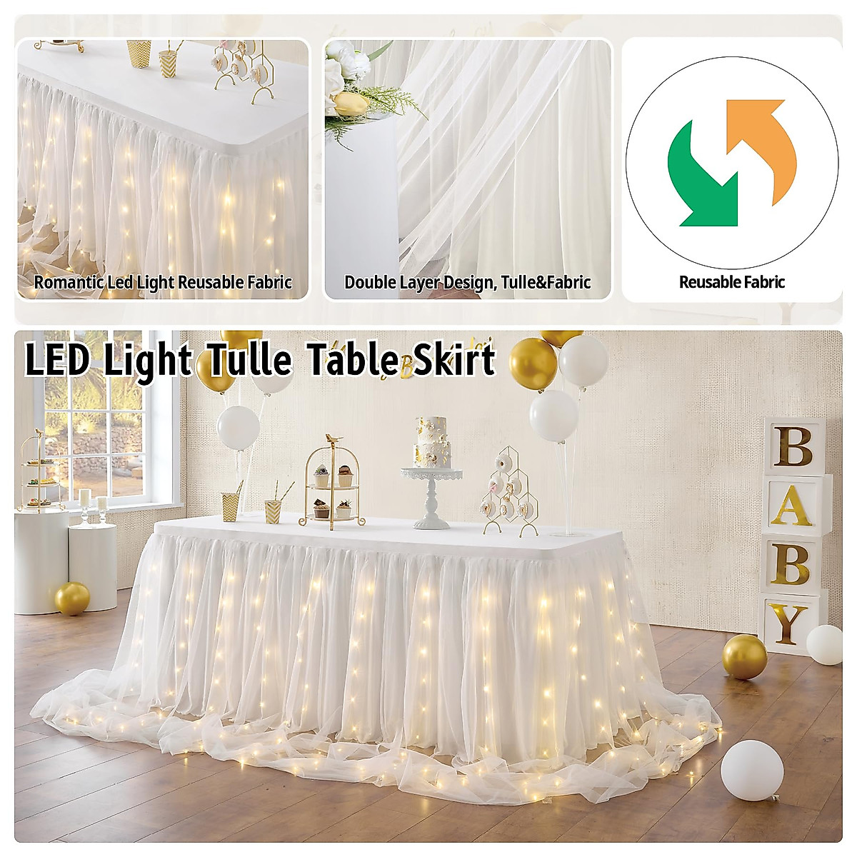 leegleri White Tulle Table Skirt for Baby Shower,6FT White Ruffle Tutu Table Skirt with LED Light for Wedding Bridal Shower Baby Shower Baptism Birthday Party Banquet Decoration