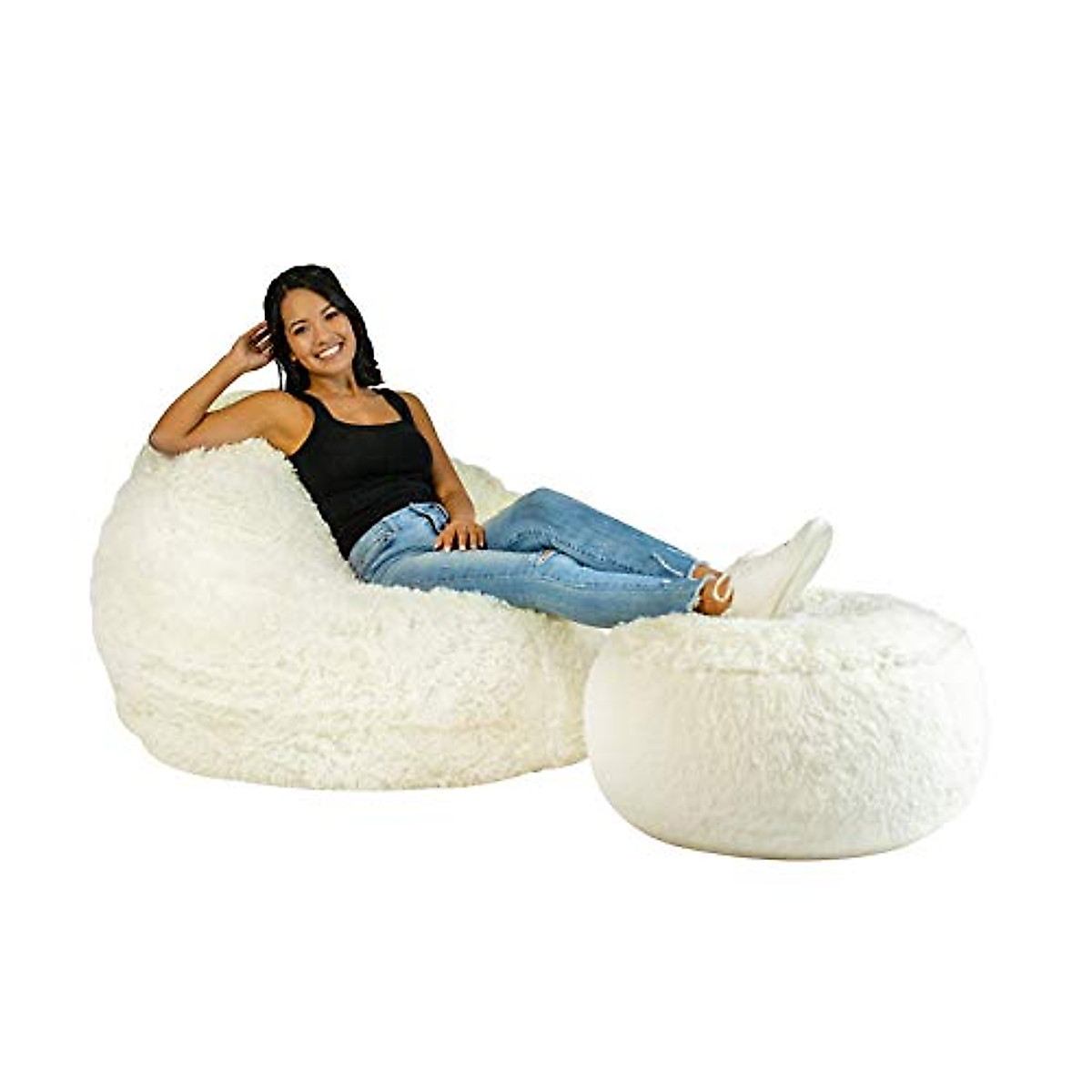 Air Candy Mongolian Faux Fur Ivory White Inflatable Chair, Premium, Soft, Fluffy Fur, Contemporary Design for Bedroom, Dorm, Living Room, Gaming, Removable and Washable Fur Cover