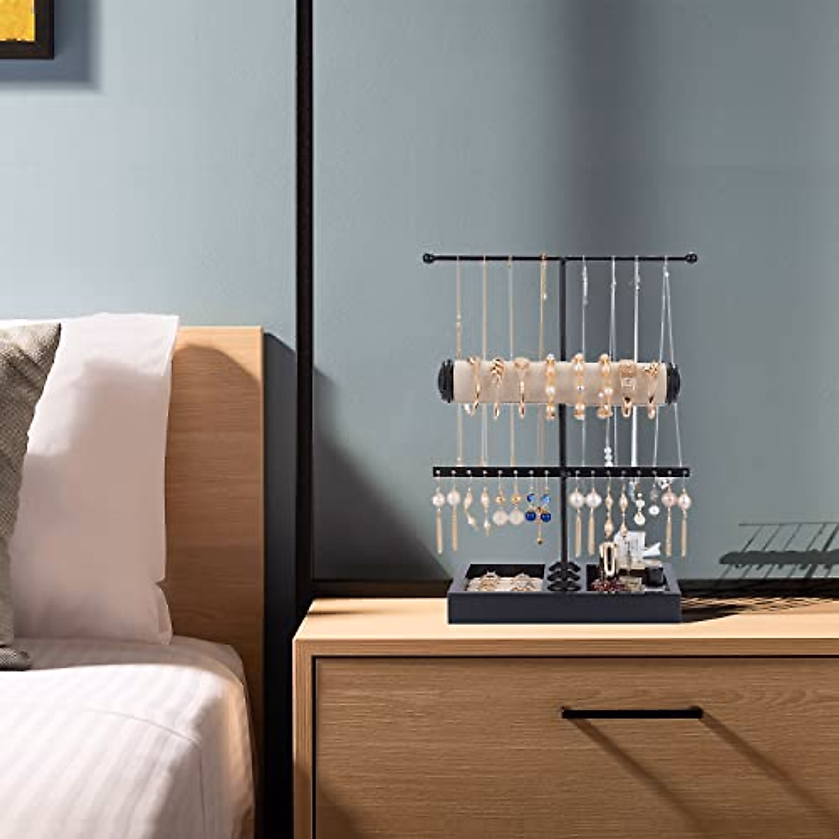 Pemilosci Jewelry Organizer Stand 3 Tier Hanging Jewelry Organizer for Earring Necklace Bracelet Holder Jewelry Ring Perfume Organizer Box Holder Storage (Black)……