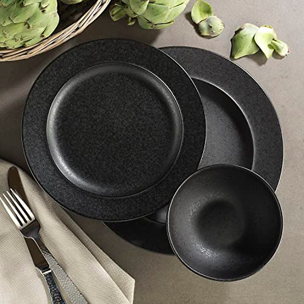 12 Piece Dinnerware Set By Glavers Service For 4, Round Black Matte Dishes – High-End Portuguese Quality Stoneware Set – Includes 4 Dinner Plates 4 Salad Plates, And 4 Bowls Dishwasher Microwave safe.
